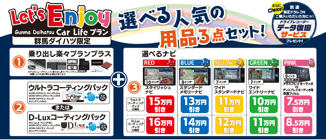 お得な用品パックの『Let's Enjoy！ Car Life プラン』 | 群馬ダイハツ自動車株式会社